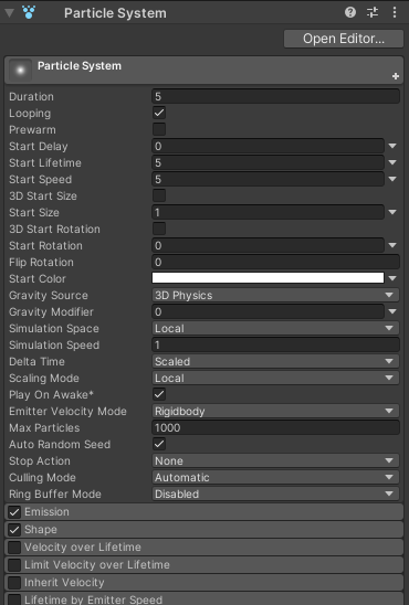 Unity Particle System-komponent i inspektörsvyn.