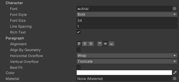 Unity Text Component Inspector Arial Fet teckenstorlek 34